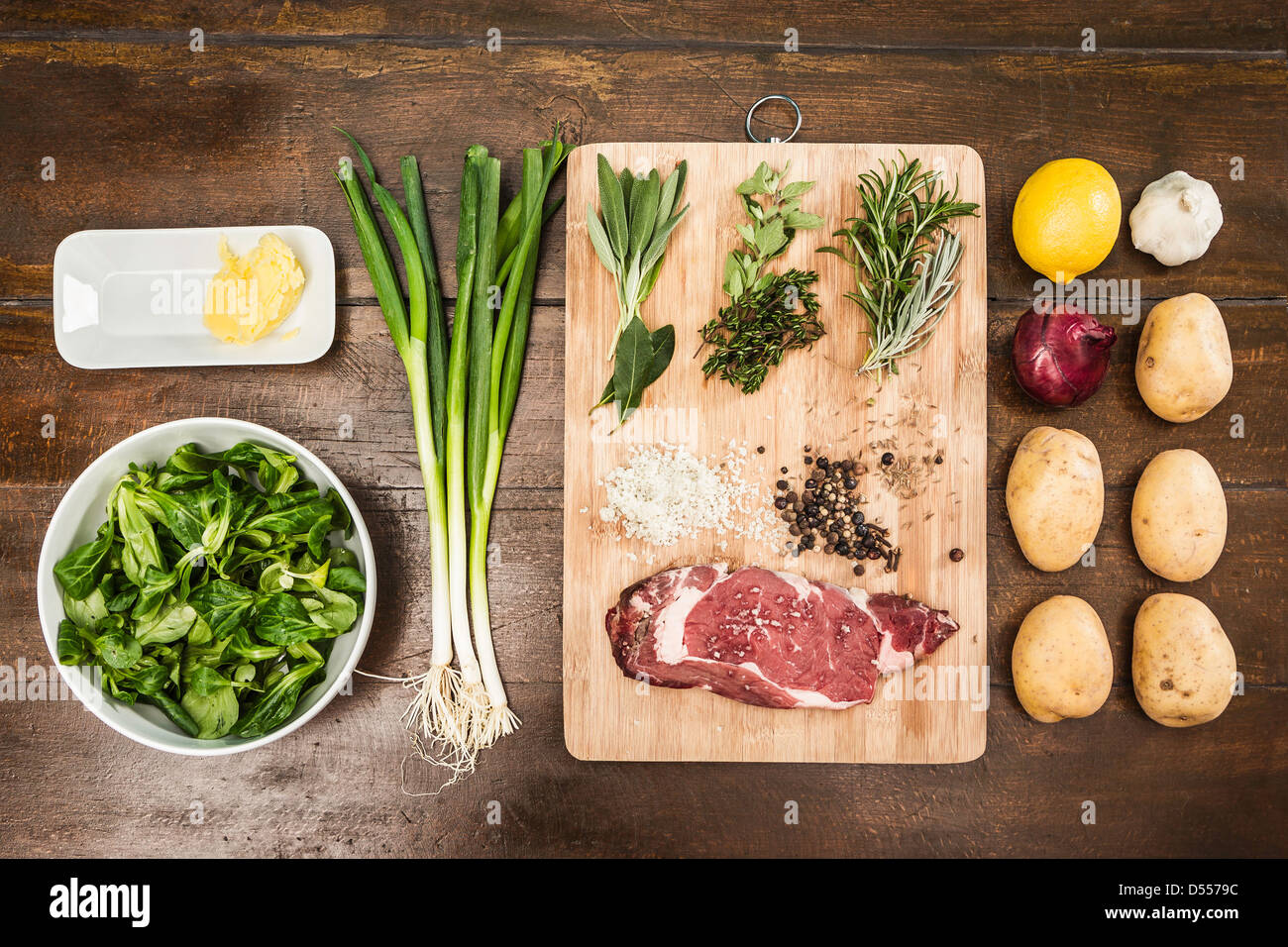 Table with ingredients and seasonings Stock Photo - Alamy