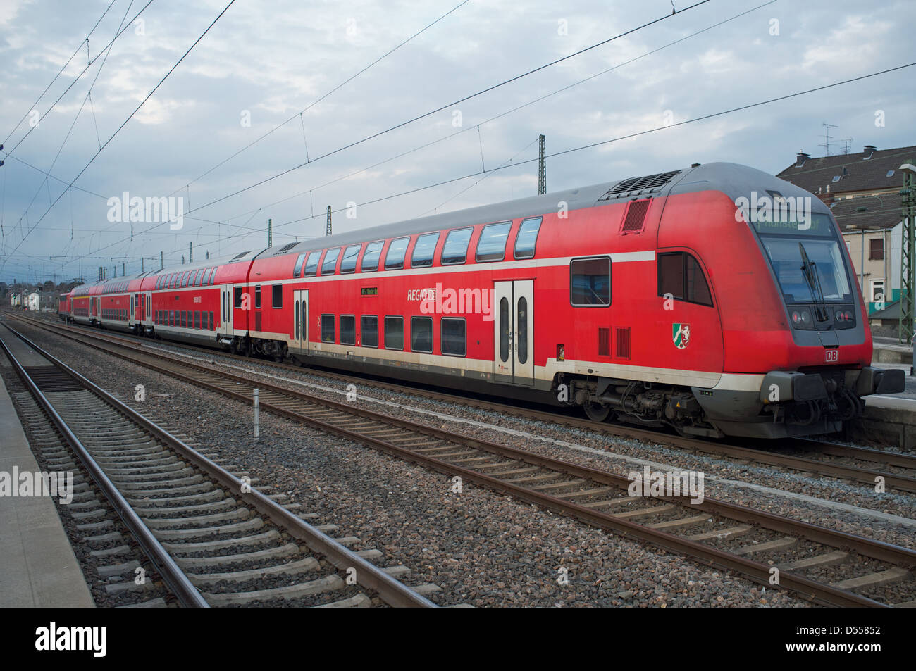 Double-decker RE7 (Regional Express) passenger train, Solingen, Germany ...