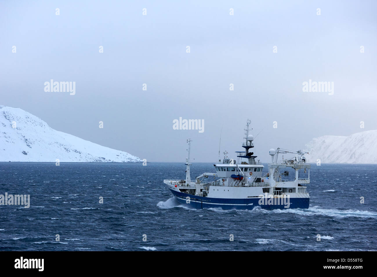 km ostervold purse seiner pelagic trawler sailing past snow covered ...
