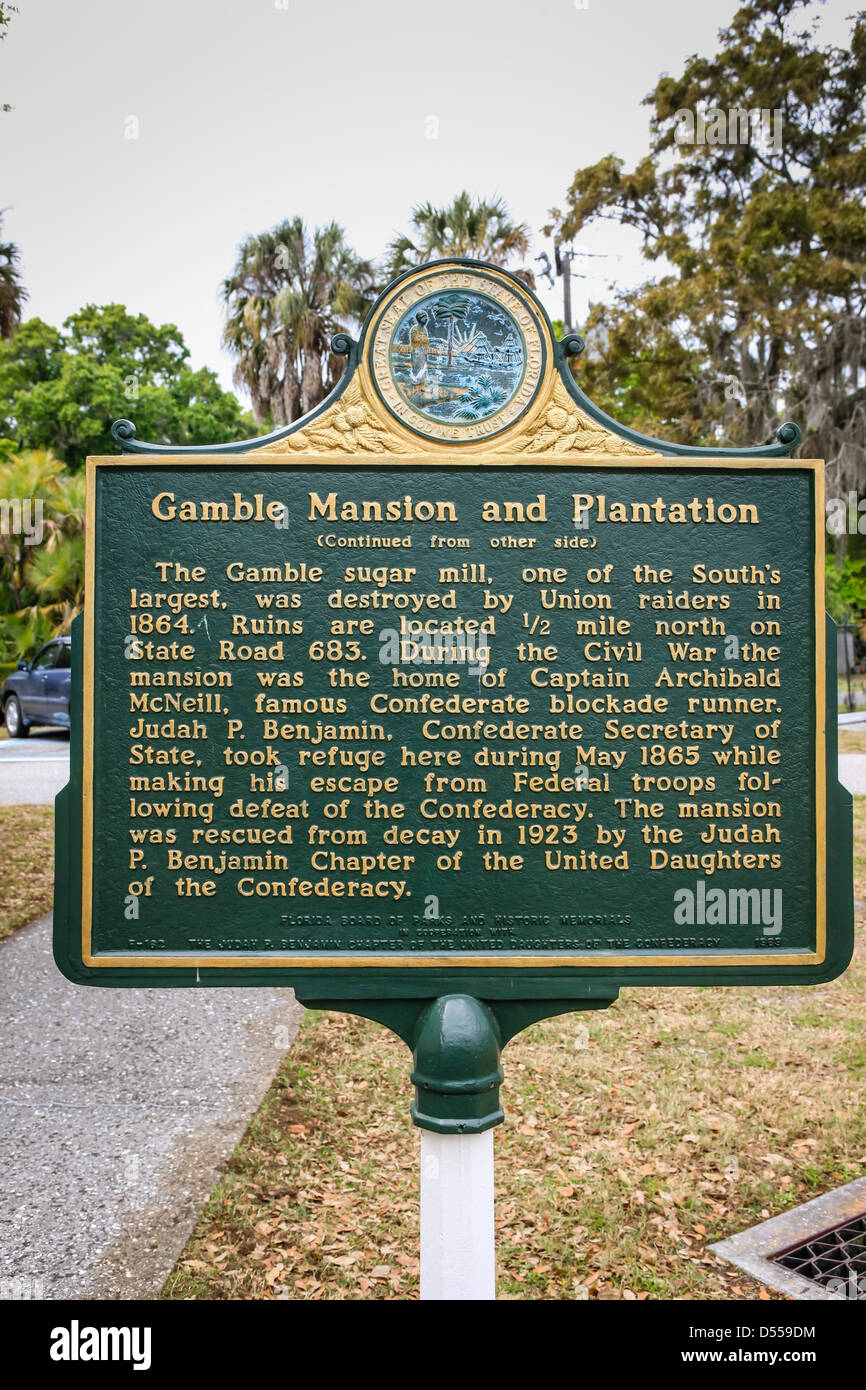 The Gamble Mansion and Plantation historical placard in the town of ...