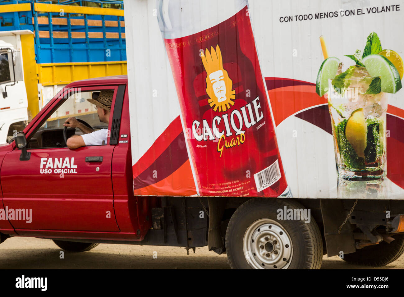 Cacique Guaro, a sugar cane liquor, truck driving through Coco beach ...