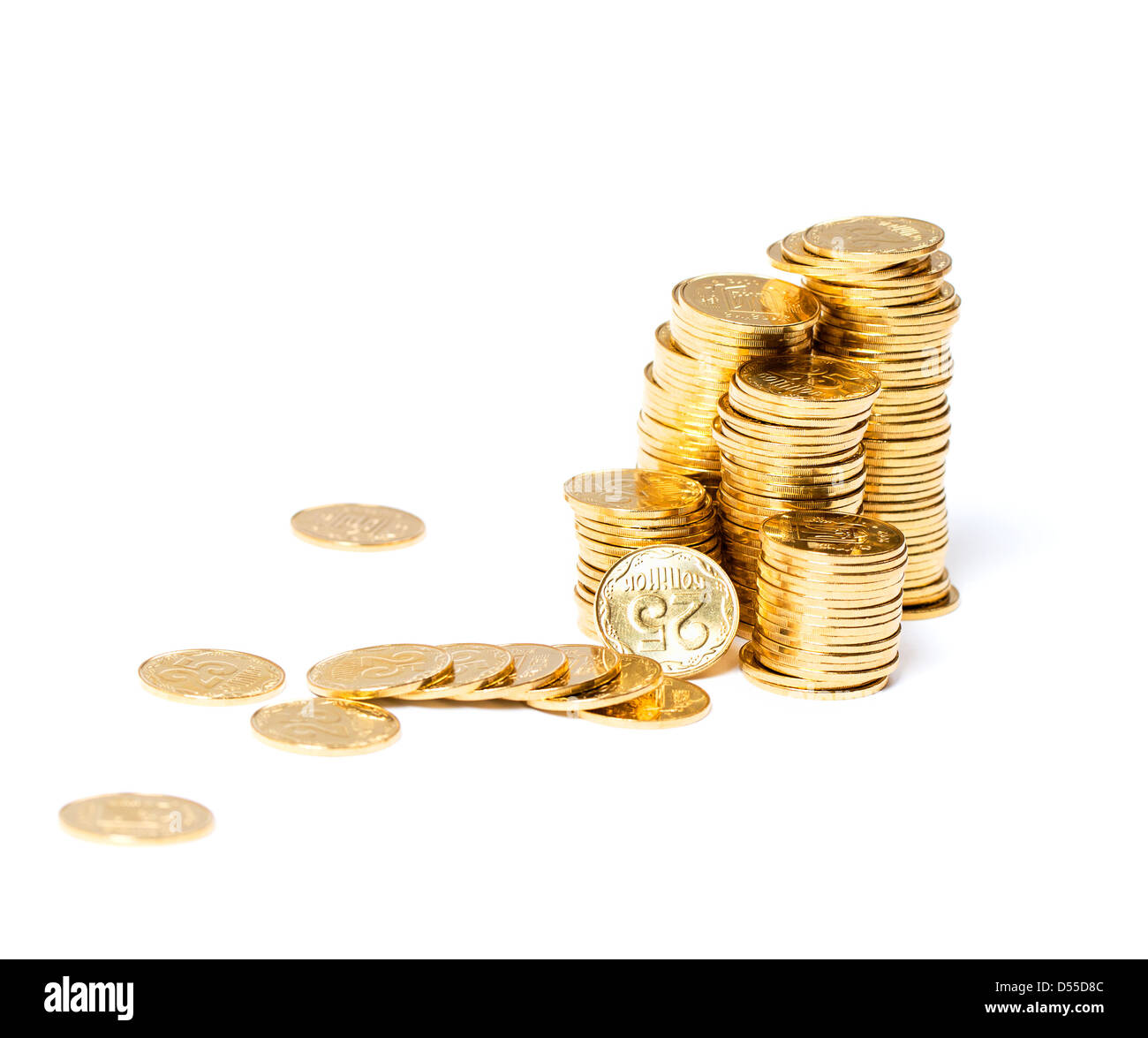 The golden coins close up on white background Stock Photo - Alamy