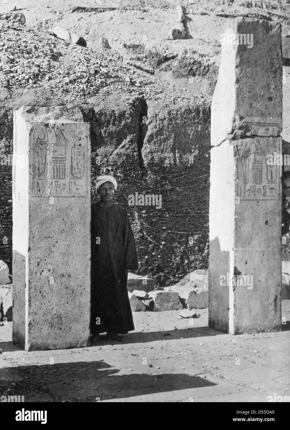 A photograph depicting the site of Deir-El-Bahari in Egypt, showing the ...