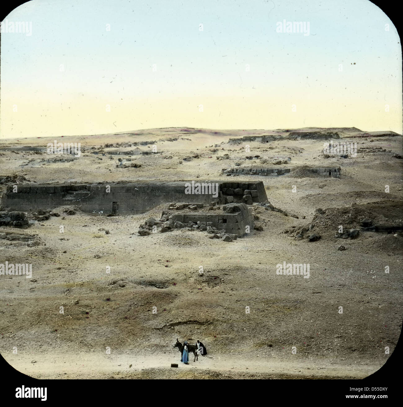 A hand-tinted photograph of the Giza Plateau in Egypt, showing minimal ...
