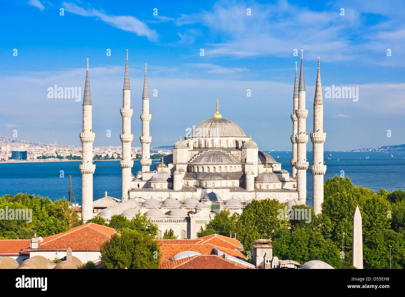The Blue Mosque or Sultan Ahmed Mosque with five main domes, six ...