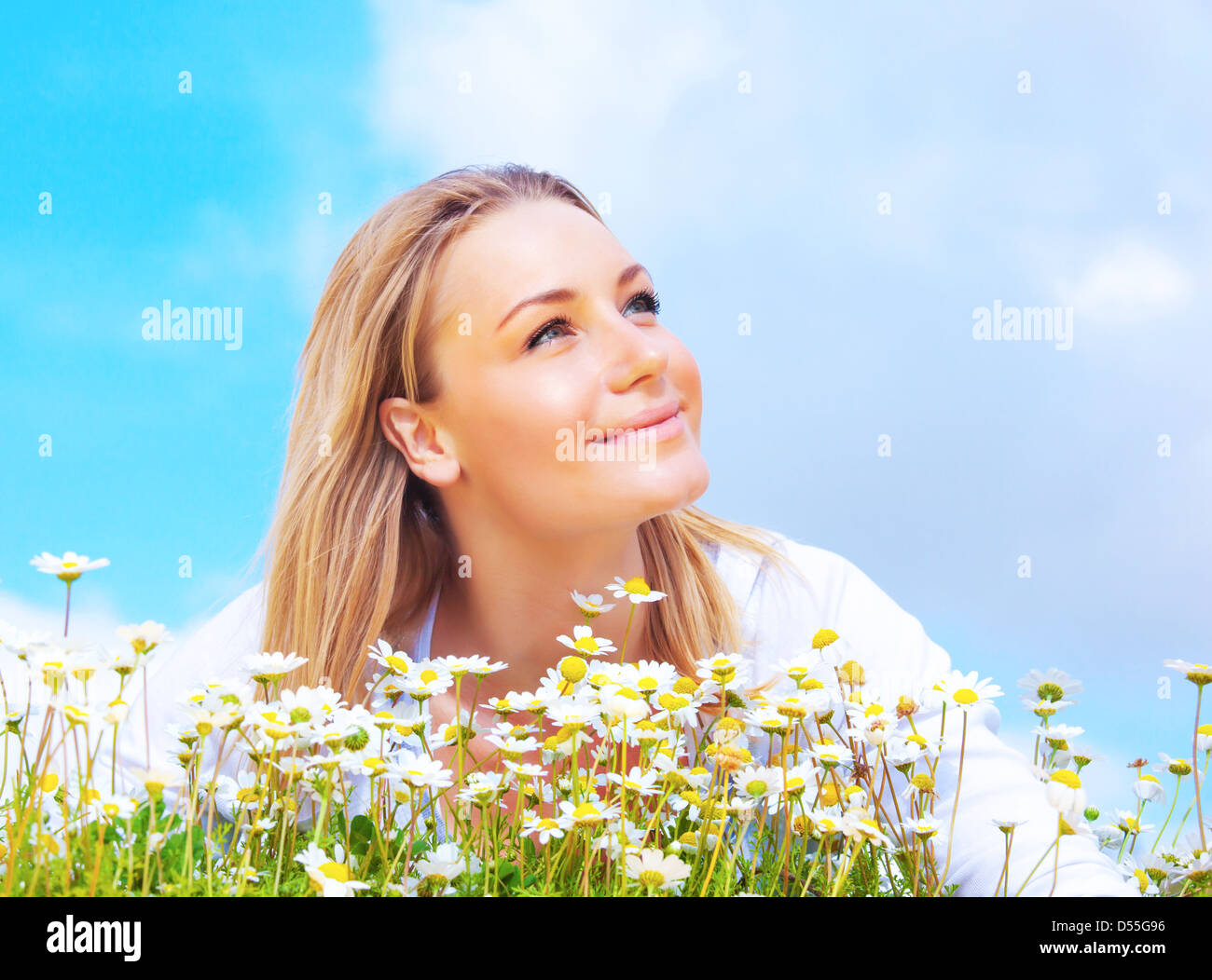 Beautiful Woman Enjoying Daisy Field And Blue Sky Nice Female Lying