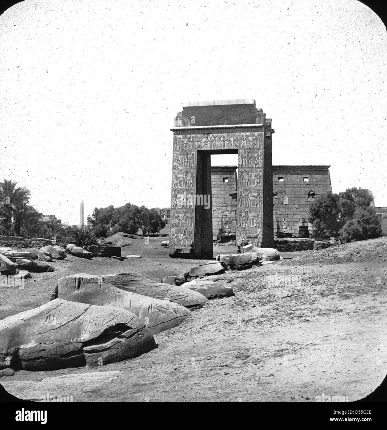 A black-and-white lantern slide of the Gate of Pylon at Karnak, Egypt ...