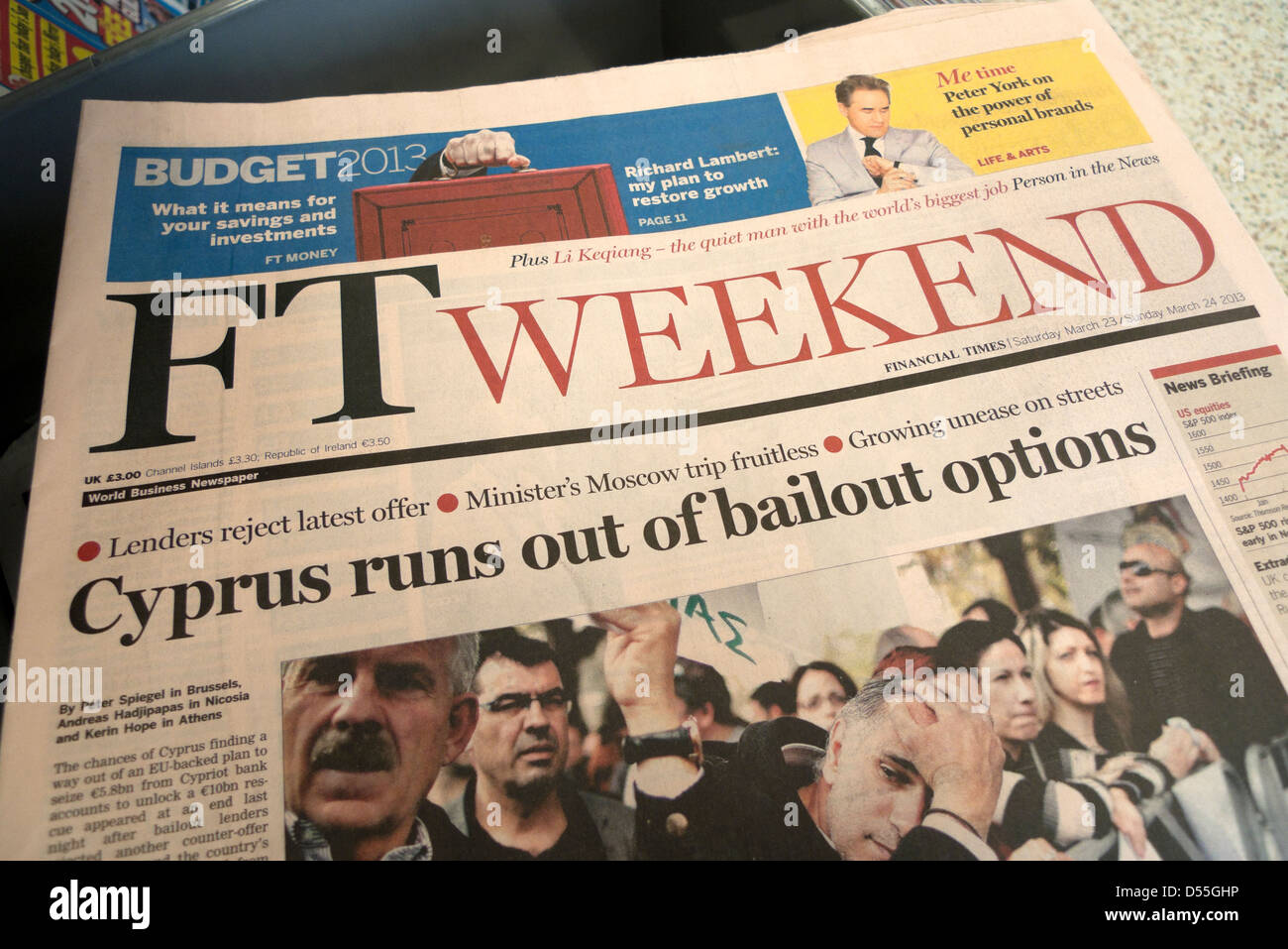 FT Weekend newspaper headline "Cyprus Runs Out of Bailout Options" 23 ...
