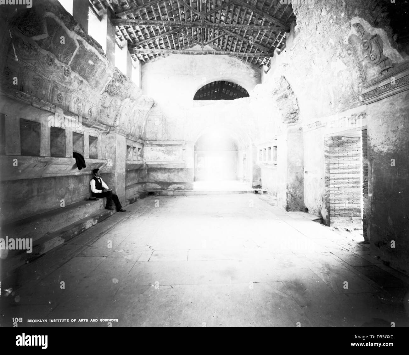 A black and white photograph showing a view from the Baths of Stabiae ...
