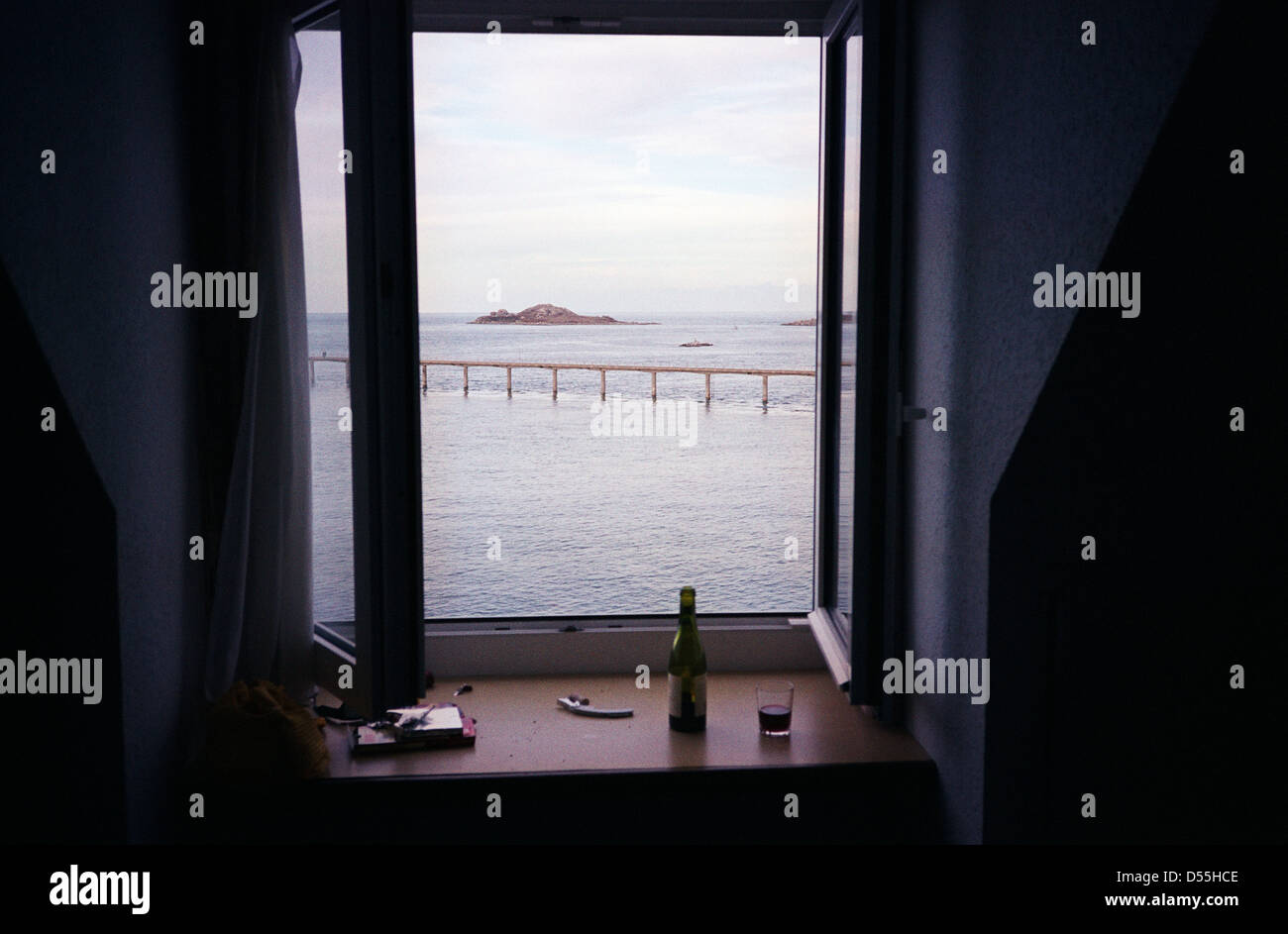 view through open window overlooking sea, Roscoff, Brittany, France ...