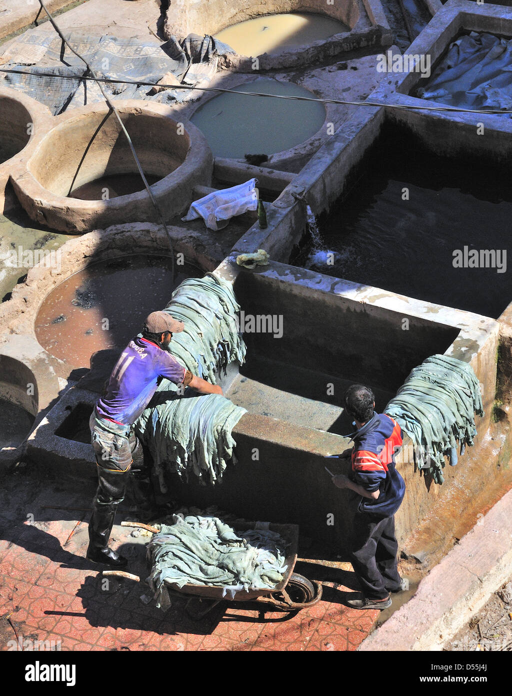 High aspect view of two men tending to the cow hides soaking in water ...
