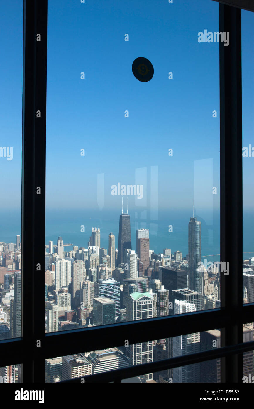 DOWNTOWN SKYLINE FROM WINDOW OF OBSERVATION DECK OF WILLIS TOWER ...