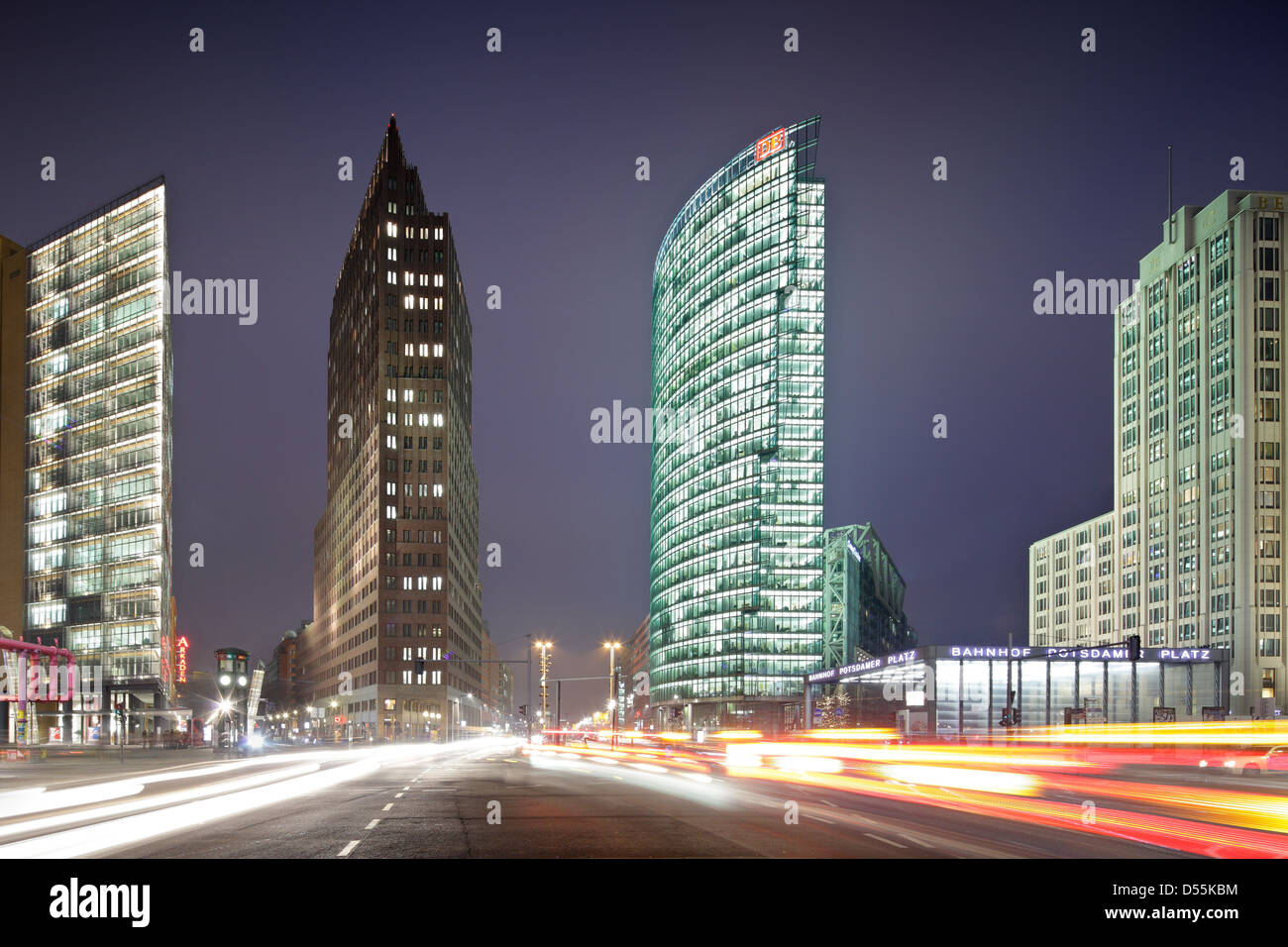 Berlin, Germany, illuminated front buildings at Potsdamer Platz at ...