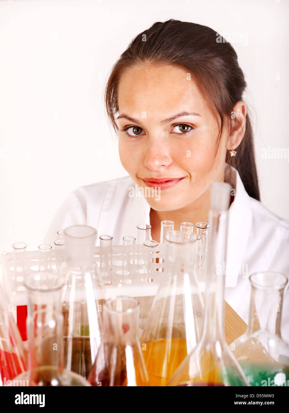 Chemistry girl student with flask in classroom Stock Photo - Alamy