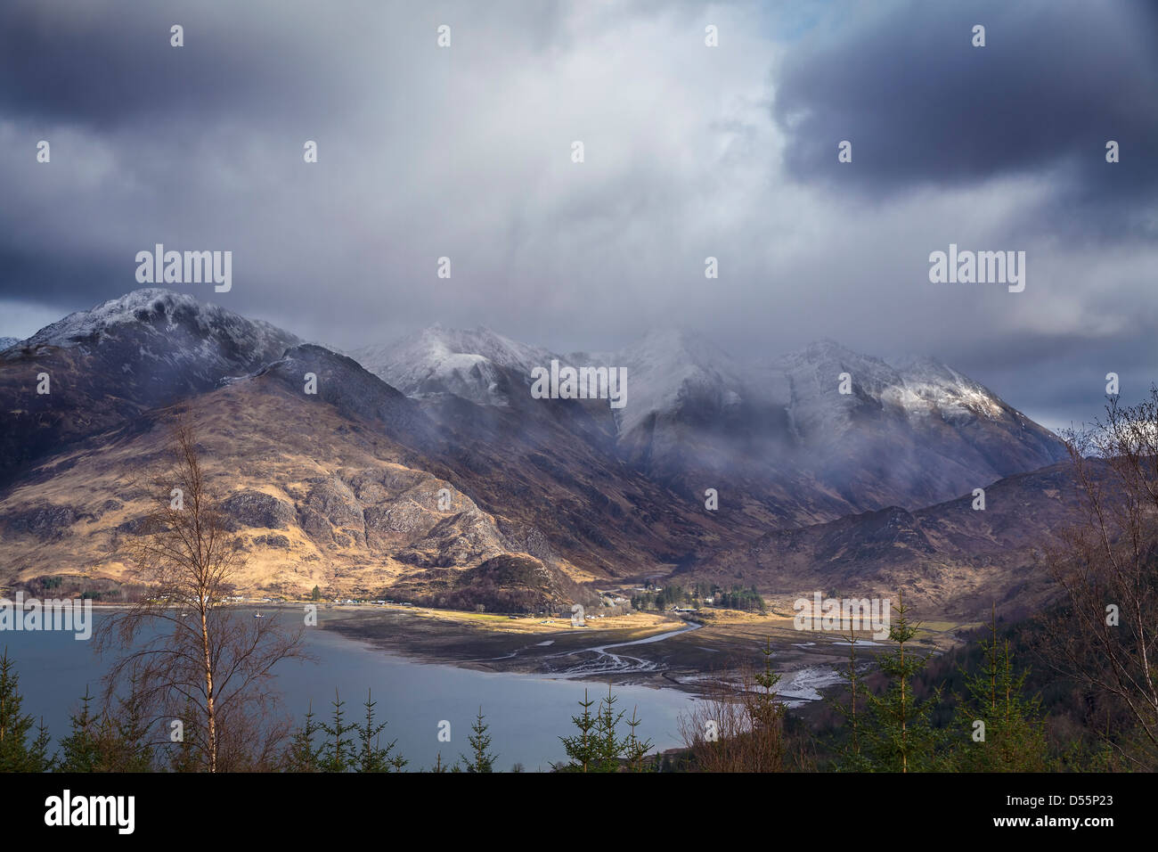 Glenmore estuary, Glenelg,the snow covered summits of The Five Sisters ...