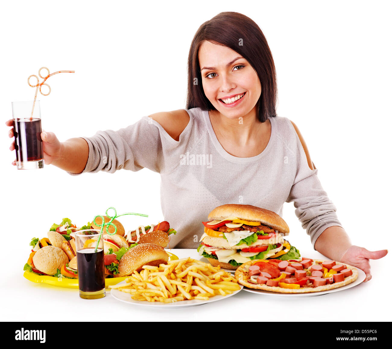 Woman eating fast food. Isolated Stock Photo - Alamy