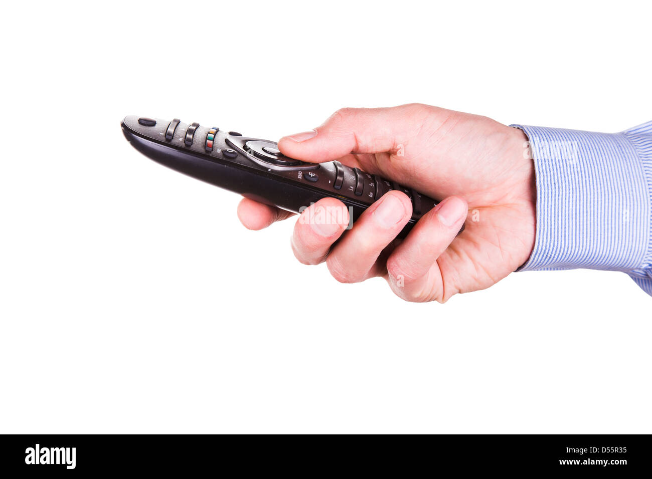 Male hand holding TV remote control isolated on white background Stock ...