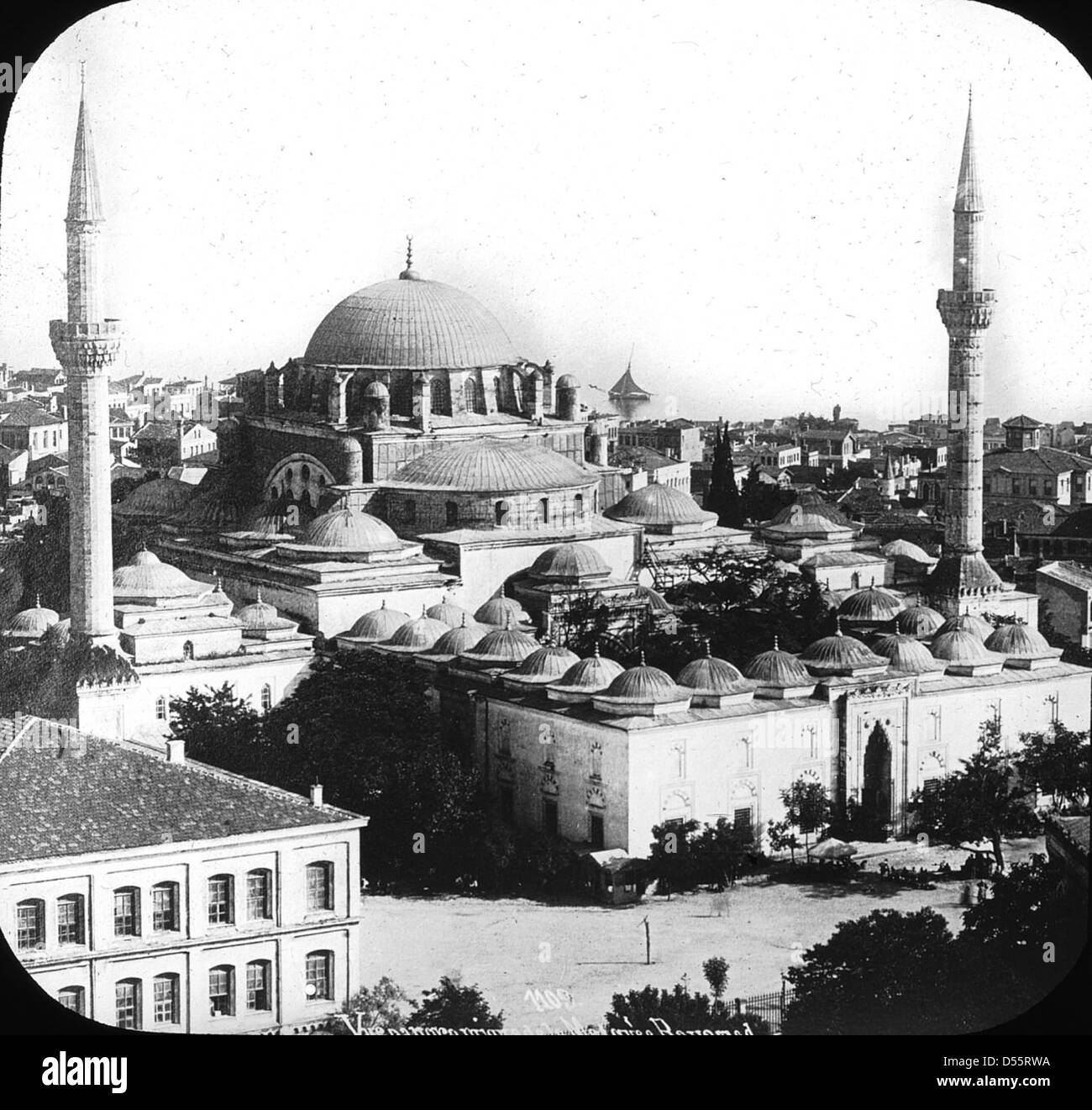 A black and white image of the Mosque of Bayezid II in Istanbul, Turkey, taken in 1903. The ...