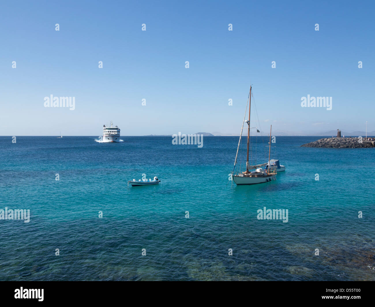 Armas ferry approaching Playa Blanca Harbour, Lanzarote with ...