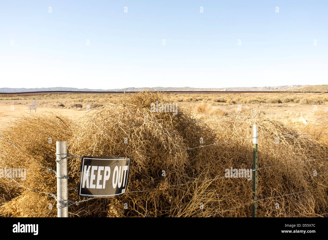 Keep out sign and tumbleweed, Jacumba Airport, Jacumba, California, USA ...