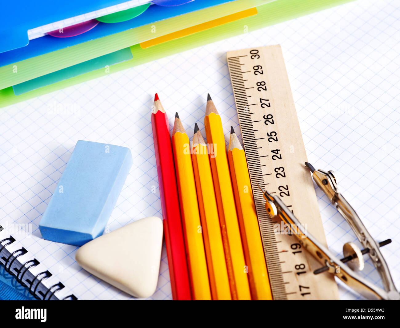 School office supplies with compasses Stock Photo - Alamy