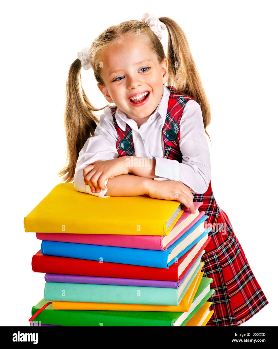 Happy child with stack book Stock Photo - Alamy