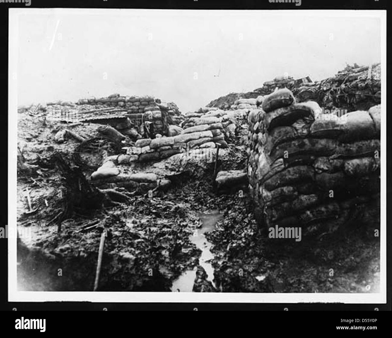A soldier stands in a wet and muddy trench during World War I. Trench ...