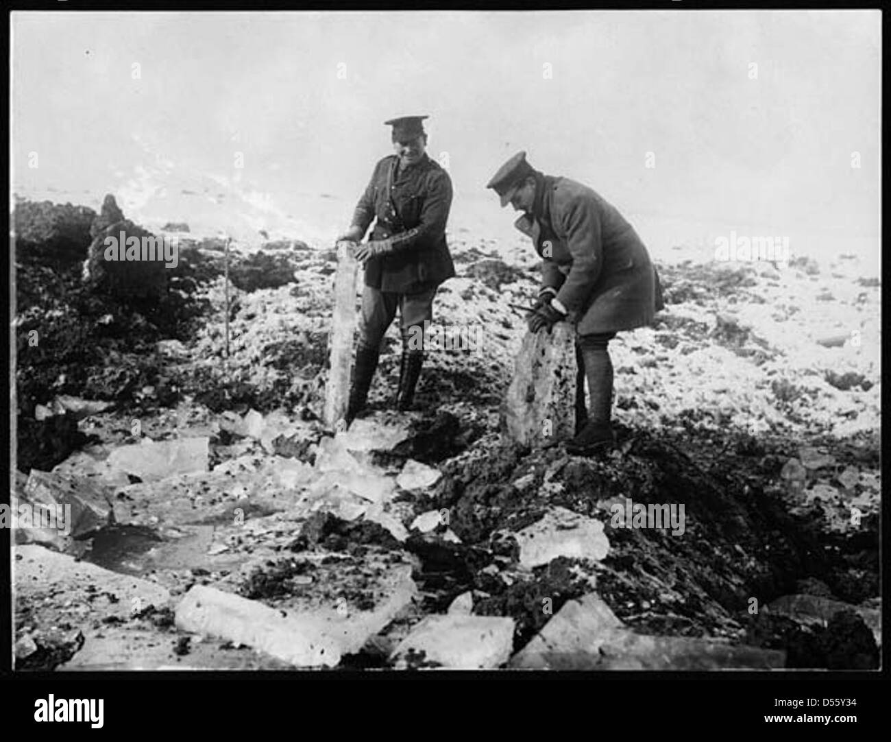 Ice on a battlefield is shattered by shellfire during World War I. This ...