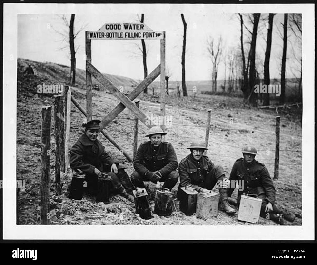 Cans of water being transported or distributed to soldiers during World ...