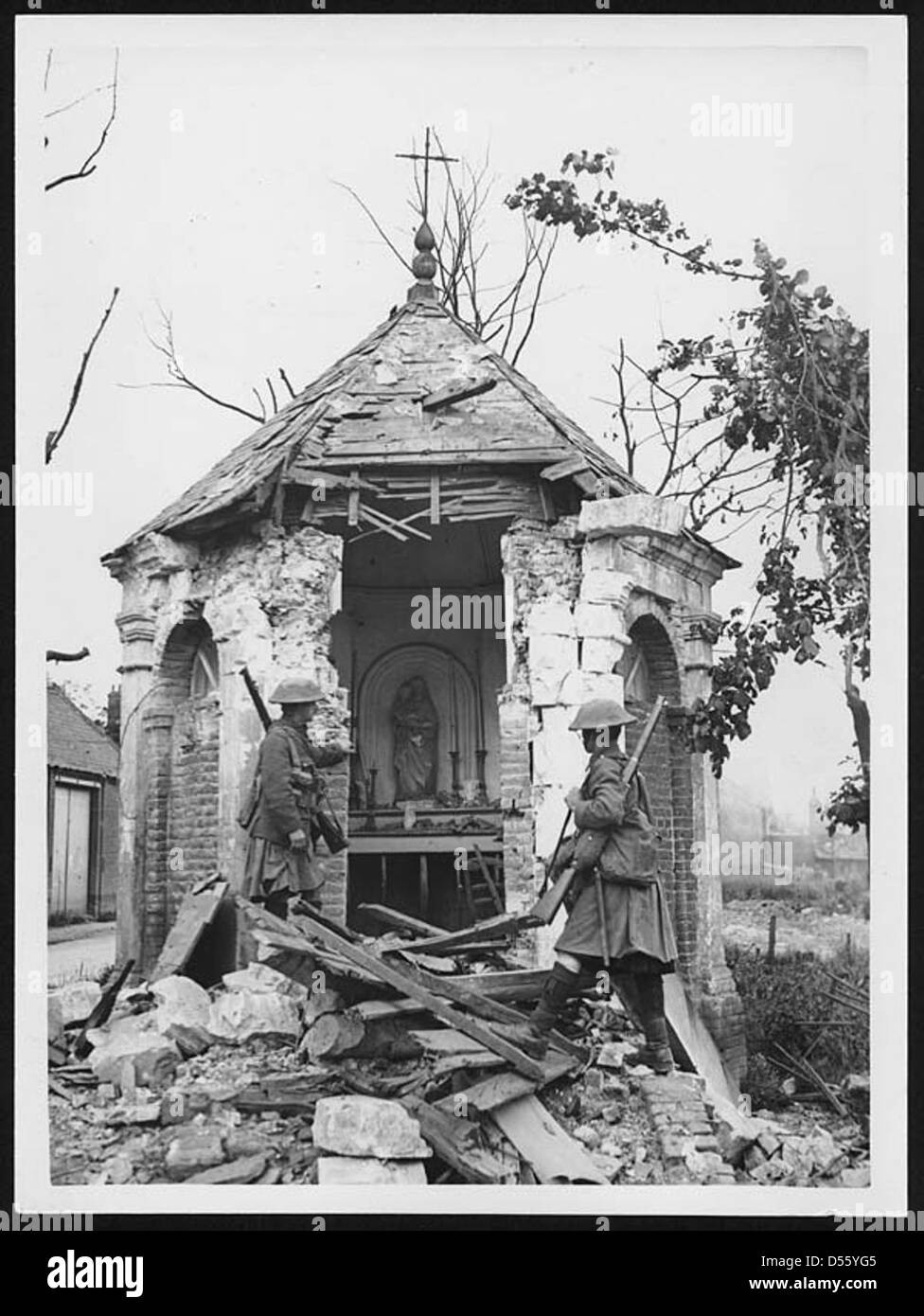 A religious shrine shattered by a German artillery shell during World ...