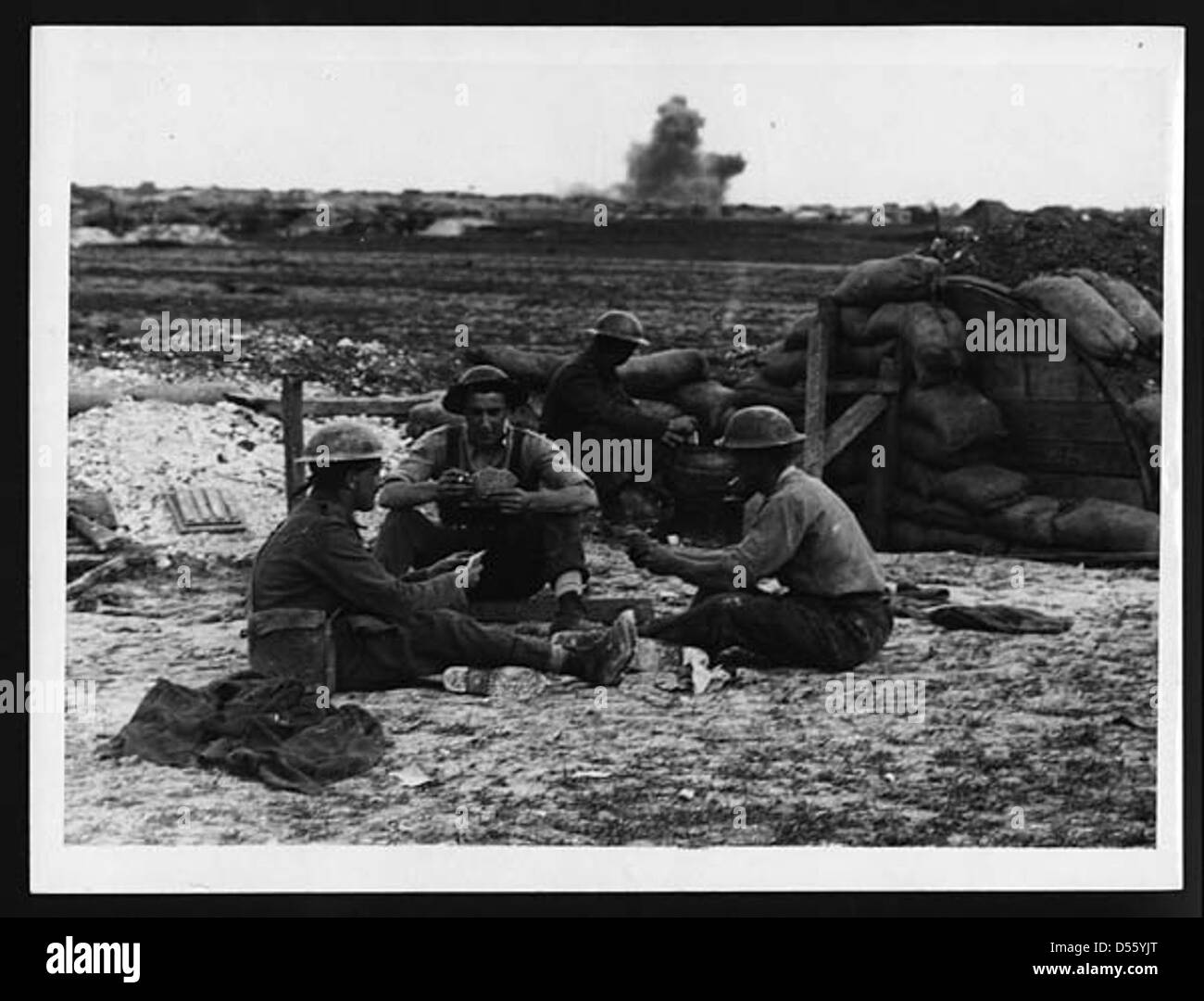 A scene from just behind the front lines of World War I, showing troops ...