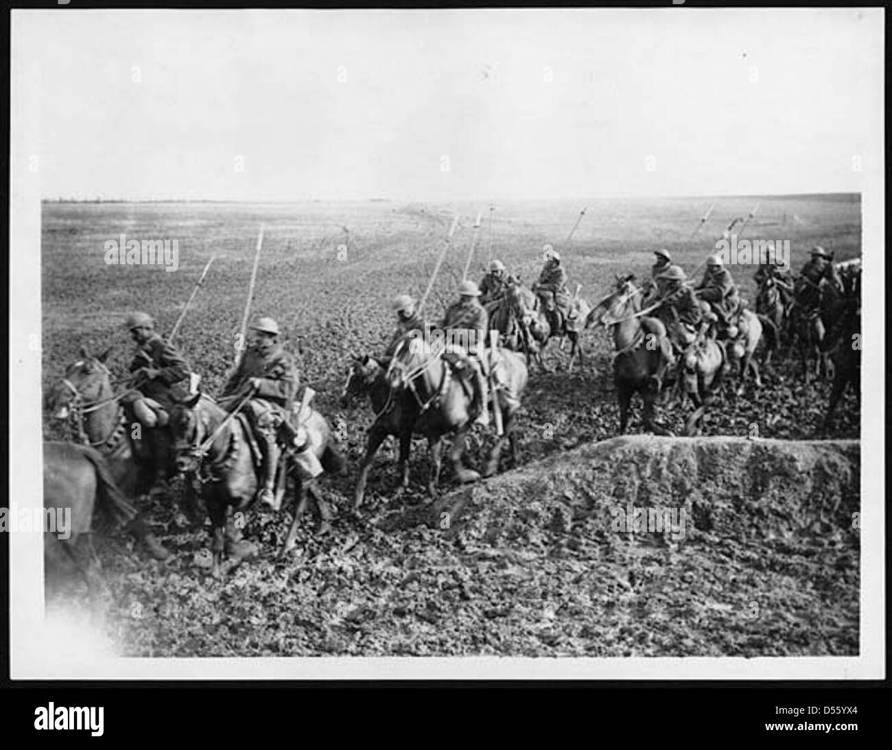 Cavalry patrols move across the open country near Mory during World War ...
