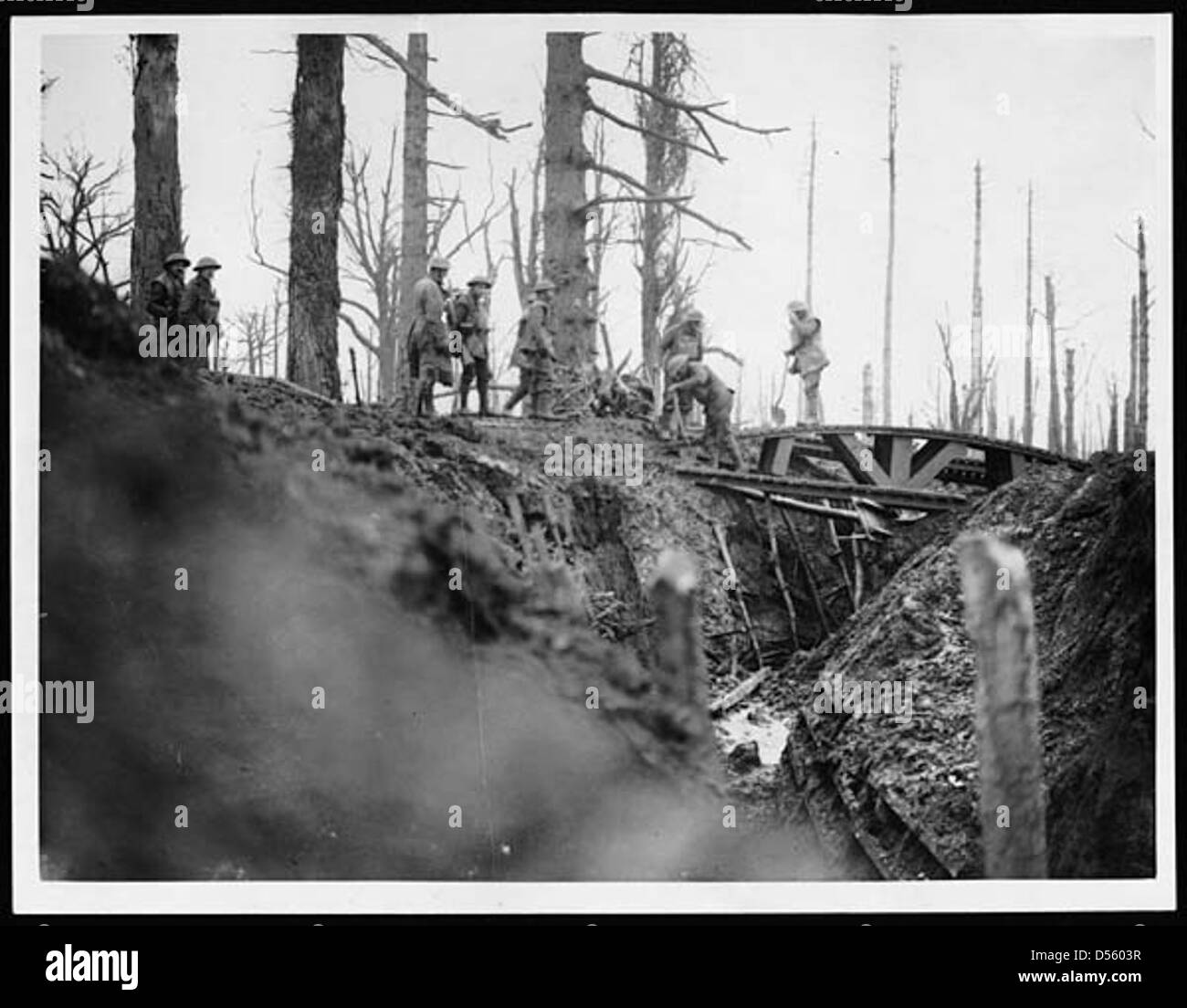 Soldiers construct a bridge over a former German trench, highlighting ...