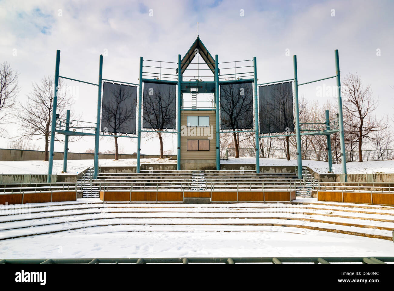 Seating at an outdoor theater filled with snow in the winter Stock ...