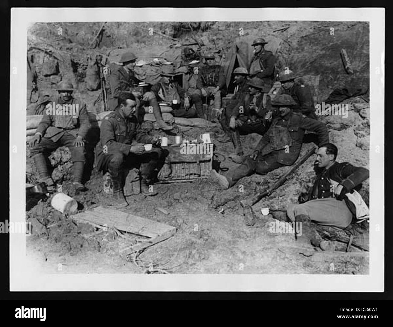 British soldiers are seen having tea just behind the front lines during ...