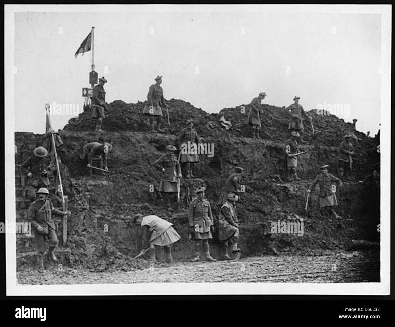 Scottish Highlanders working on the roadside during World War I, likely ...