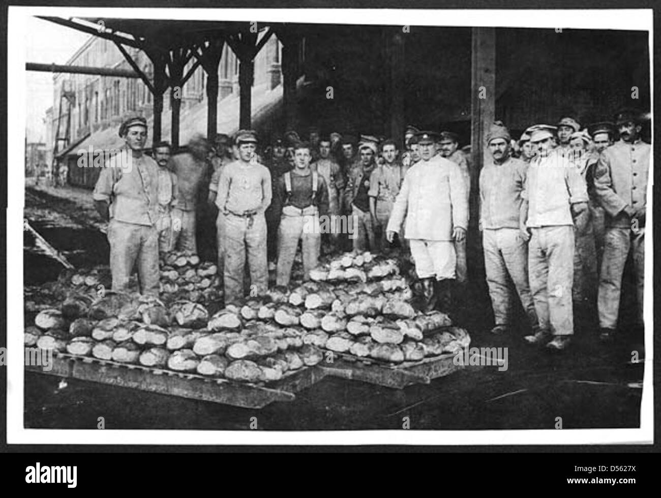 Bakers preparing freshly baked bread during World War I, a critical ...