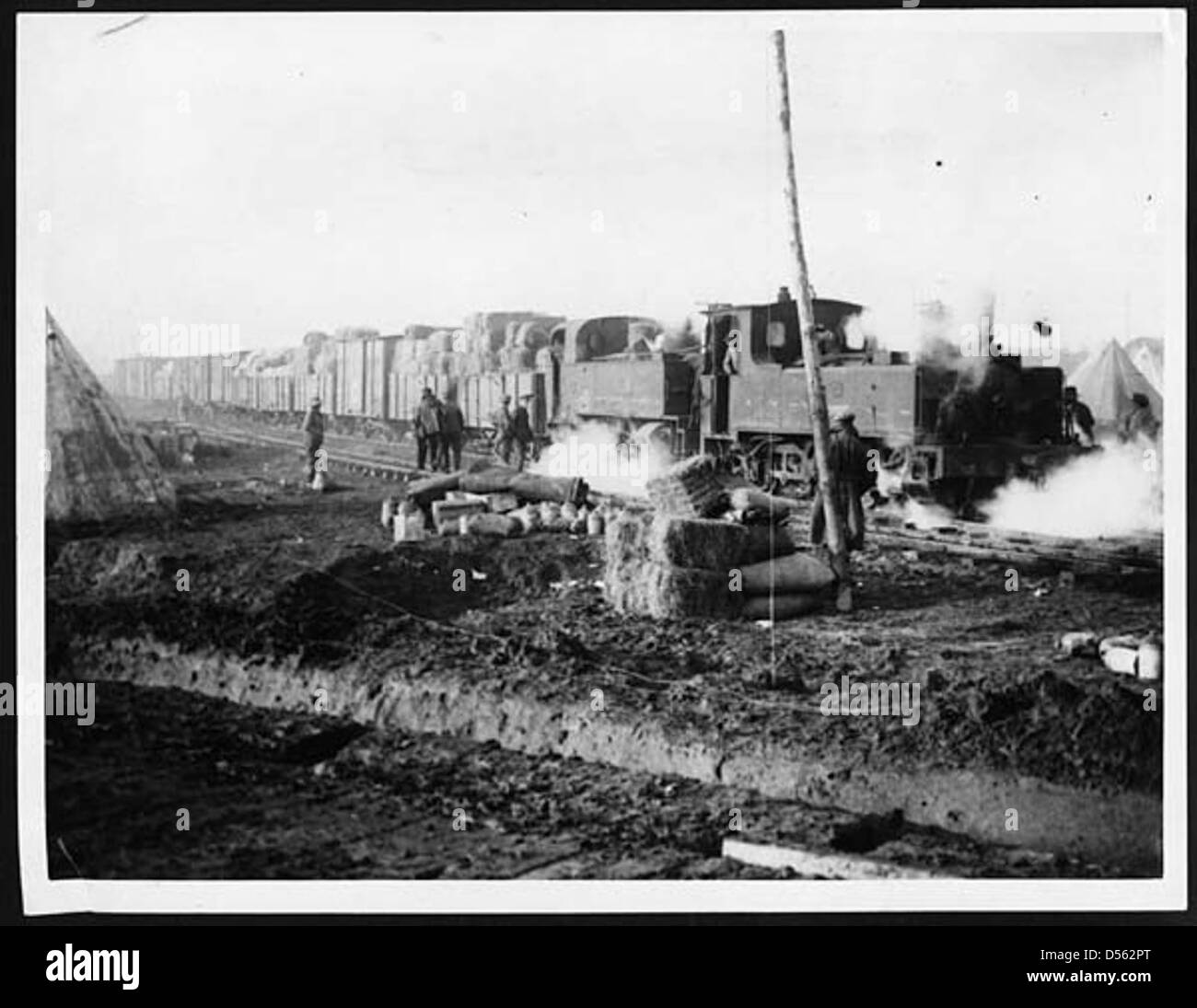 A supply train arriving at a railhead during World War I, essential for ...