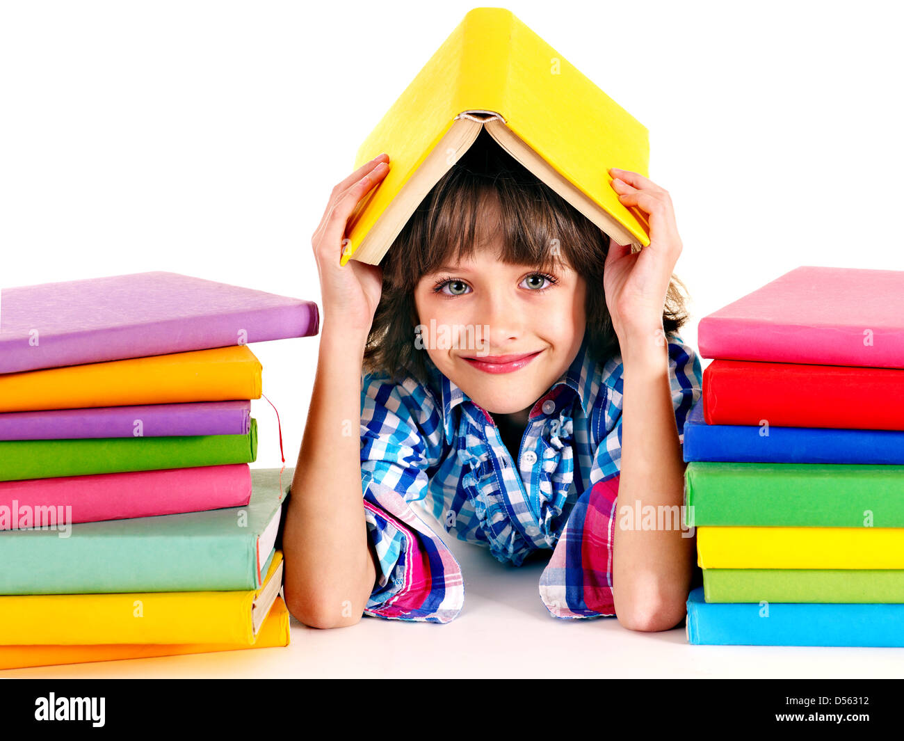 Child with stack of books Stock Photo - Alamy