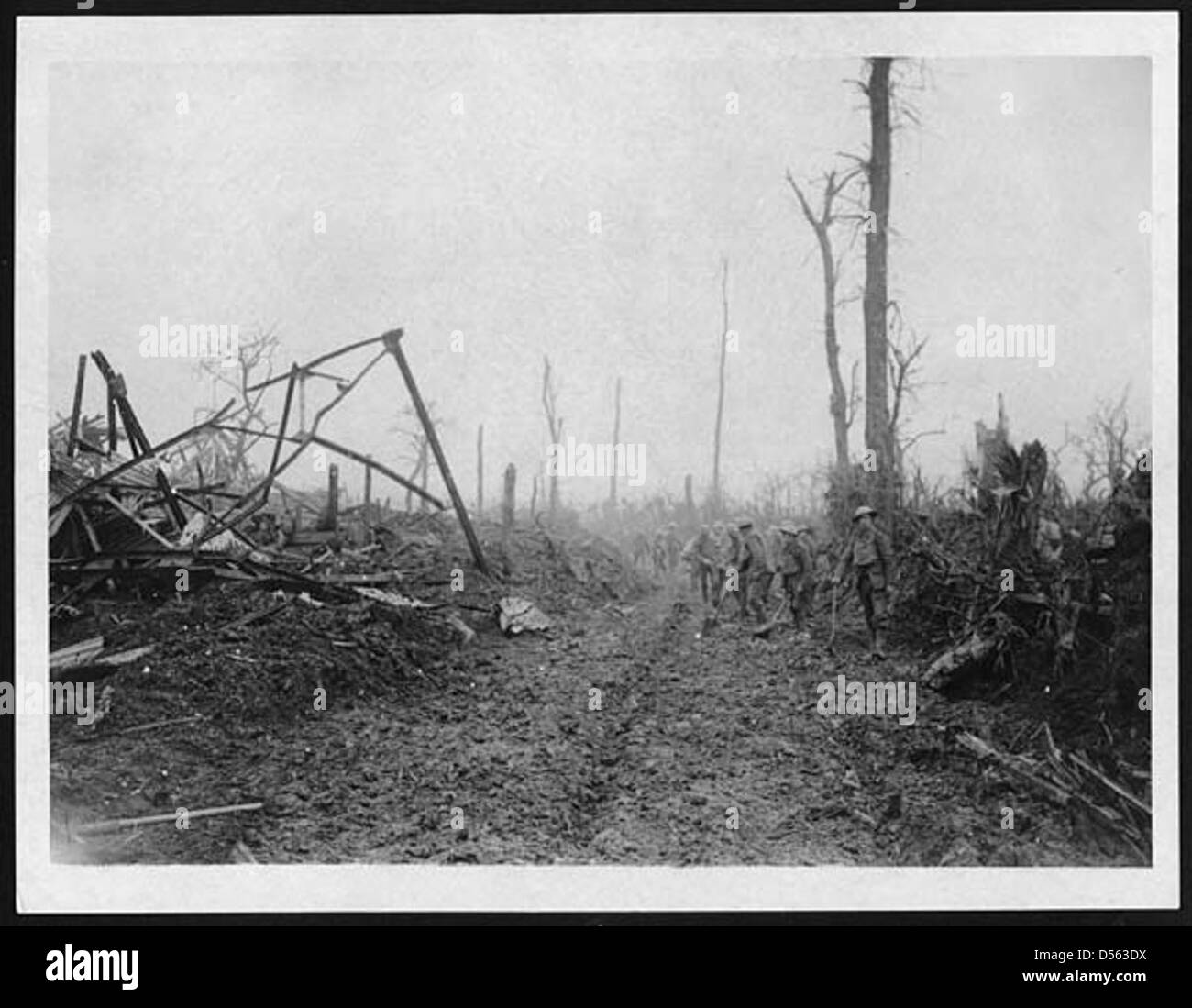 Soldiers are seen working on road construction during World War I ...