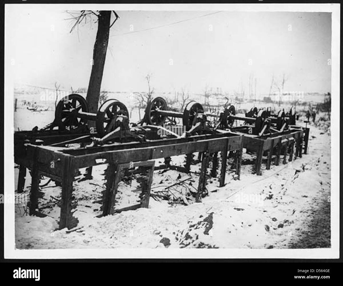Railway trucks overturned by artillery shell fire during World War I ...