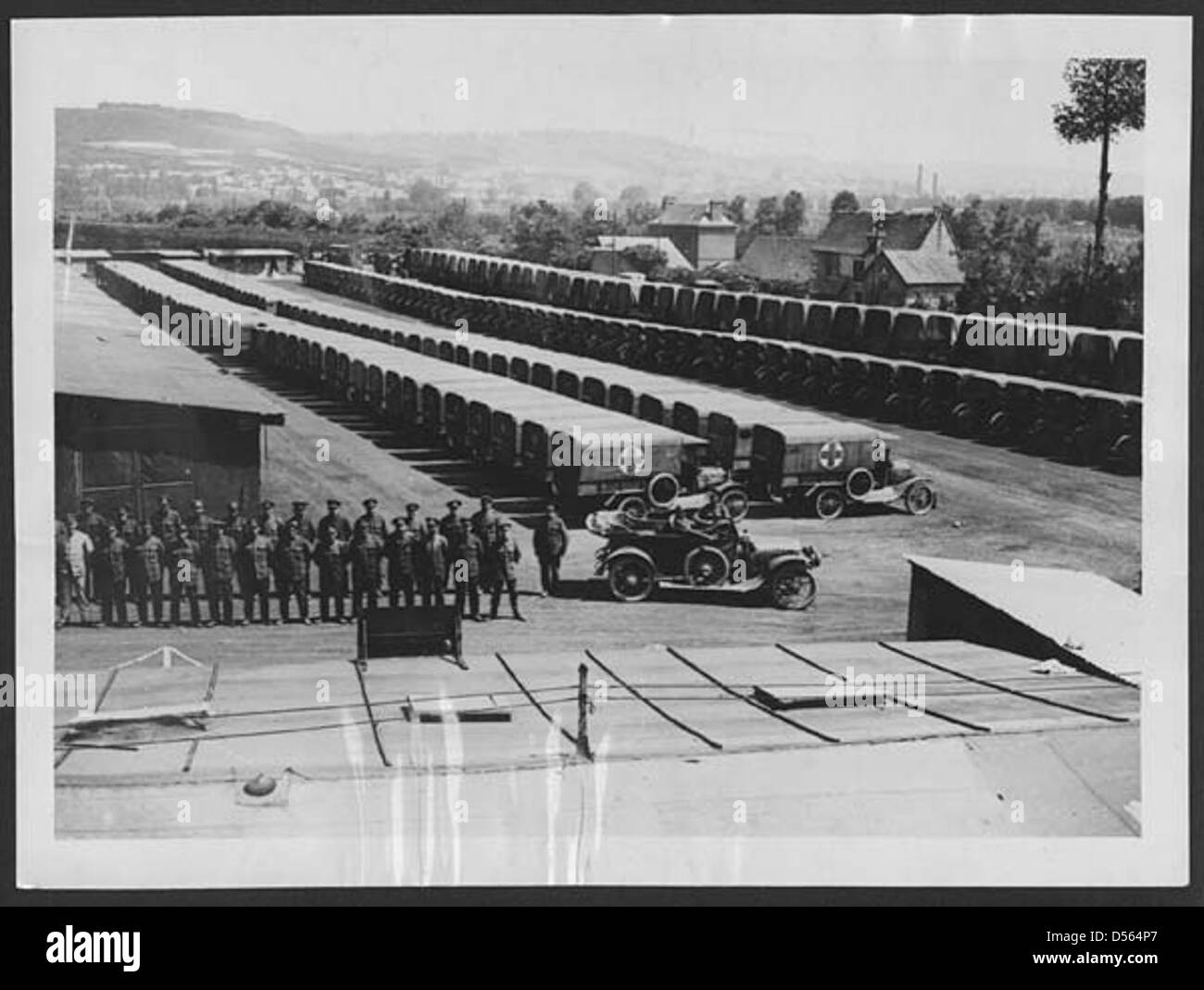 A park of military vehicles ready for issue during World War I. These ...