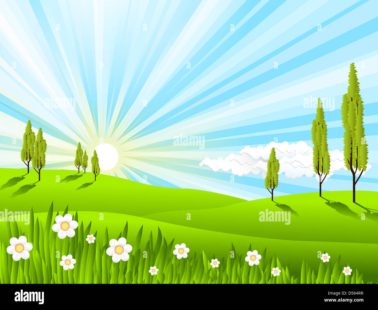 illustration, landscape with green field and trees Stock Photo - Alamy