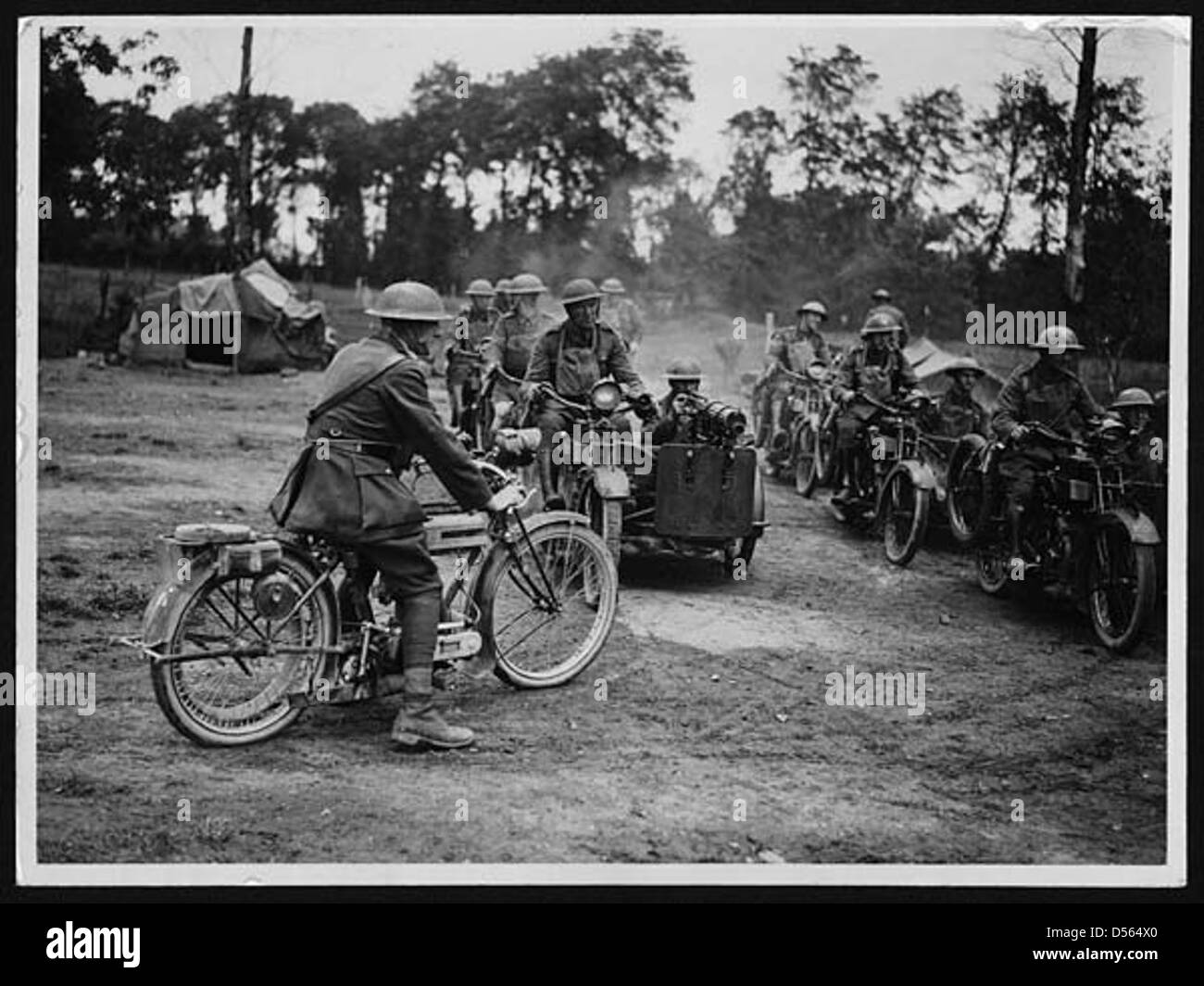 Motor machine gunners preparing for a mission during World War I. The ...