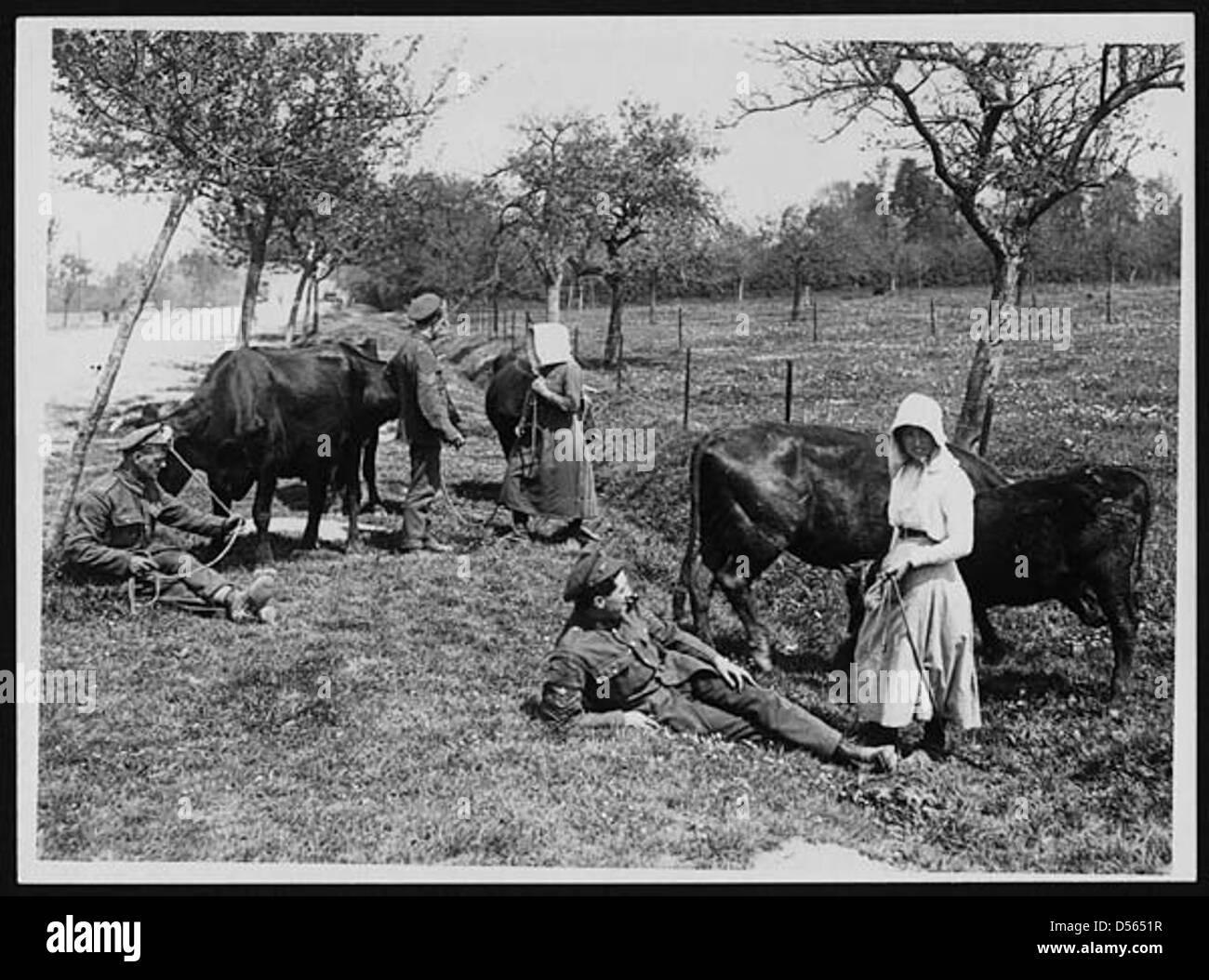 French peasant girls are seen grazing cattle while conversing with ...