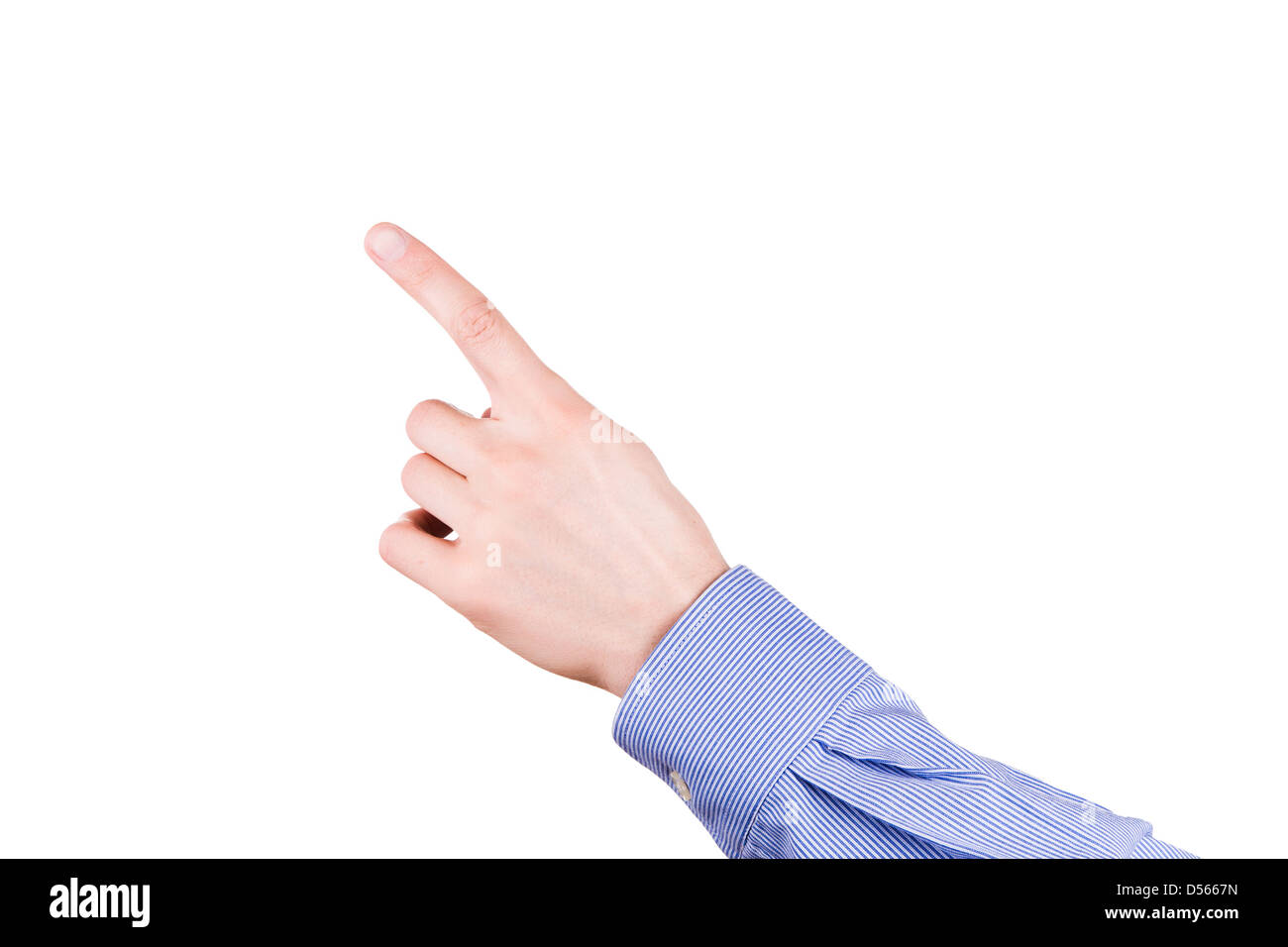 Male hand with pointing finger showing something isolated on white ...