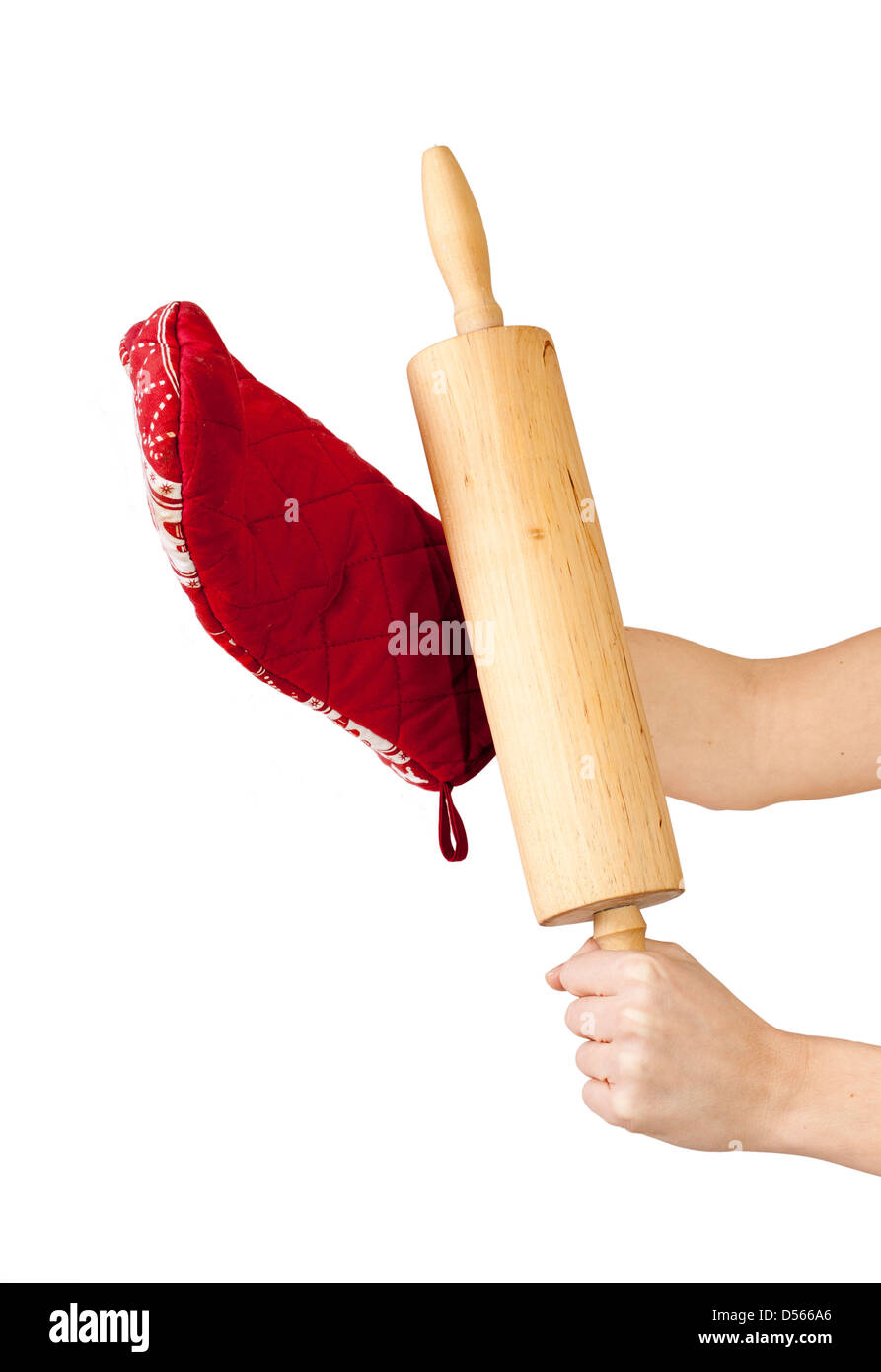 Woman threatening with rolling pin. Isolated on white background Stock ...