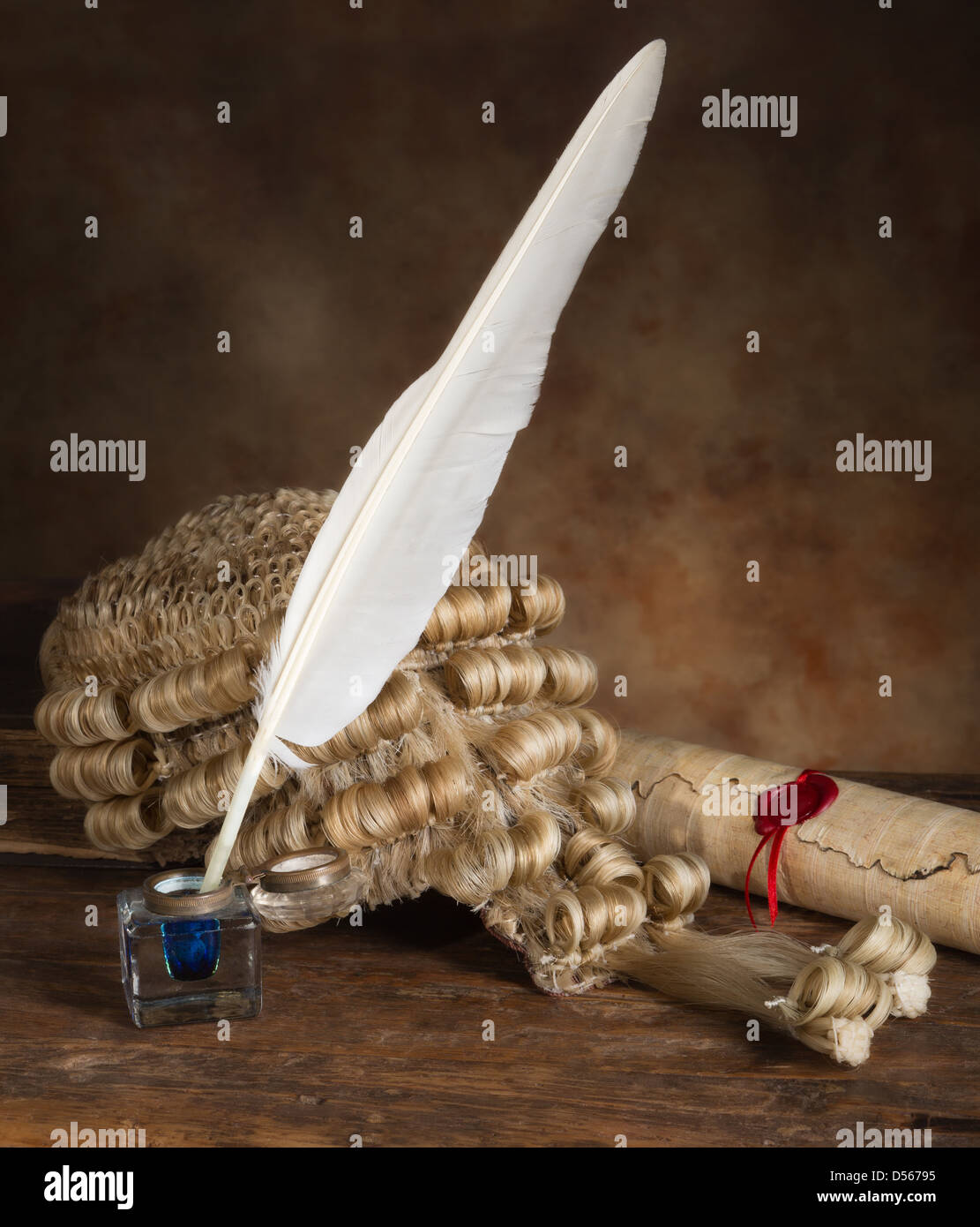 Authentic judge's wig with feather quill and scroll parchment Stock ...