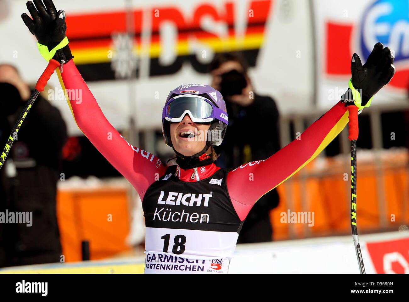 German Maria Riesch celebrates her victory at the downhill event at the ...