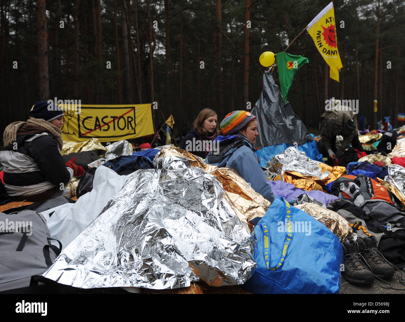 Protesters block the track of the CASTOR transport in Gorleben, Germany ...